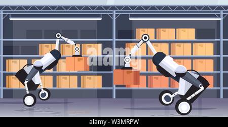 robotic workers loading cardboard boxes hi-tech smart factory warehouse ...