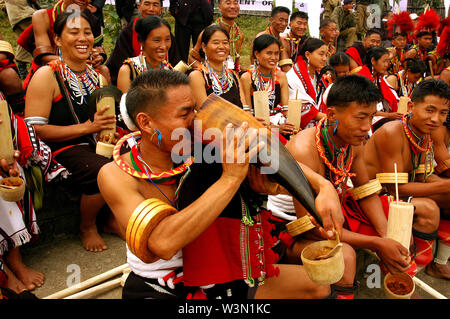 India, South Asia, Nagaland, Smiling Naga tribe Warrior in traditional ...