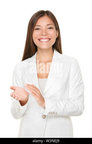 Woman applauding, clapping hands over light blue background. Female ...