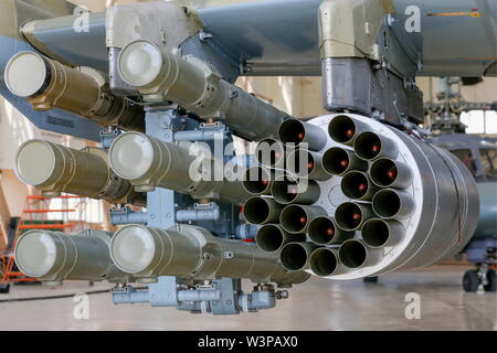 Close-up of a rocket-pod of the Mil Mi-24 helicopter gunship (Hind) at ...