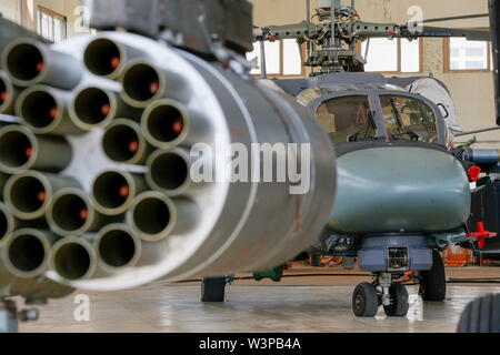 Close-up of a rocket-pod of the Mil Mi-24 helicopter gunship (Hind) at ...