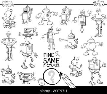 Find two same robots cartoon kids game, vector riddle with ai cyborgs ...