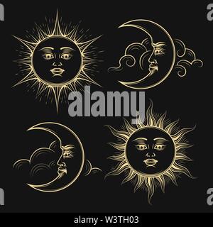 Vintage sun with face and moon, medieval engraving, hand drawing ...