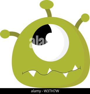 Cute green alien with one eye wearing orange spacesuit cartoon vector ...