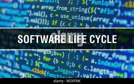 Software life cycle with Abstract Technology Binary code Background.Digital binary data and ...