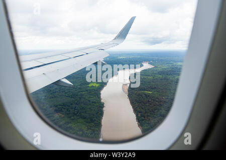 A plane flying over the Amazon rainforest looking down on a meandering ...