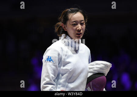 Budapest, Hungary. 18th July 2019. Sun Yiwen of China, left, fights ...