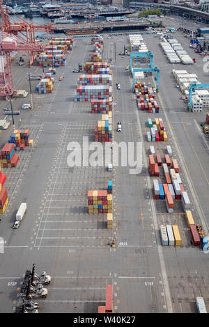 Aerial view of Seattle container port and ferry terminal buildings and ...