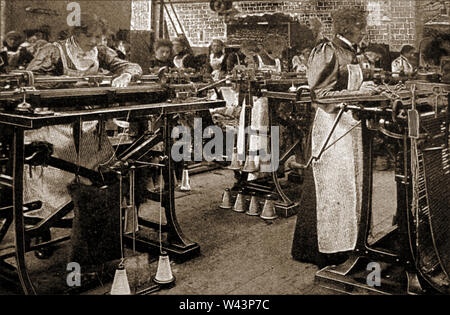 Workers at their machines in a knitting mill, 1800s. Hand-colored Stock ...