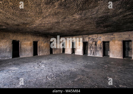 Cave 3, Interior view of the vihara showing monk cells and a stupa ...