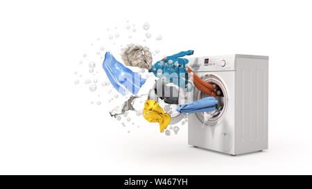 Washing machine and flying clothes on white background, banner design ...
