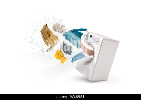 Washing machine and flying clothes on white background, banner design ...