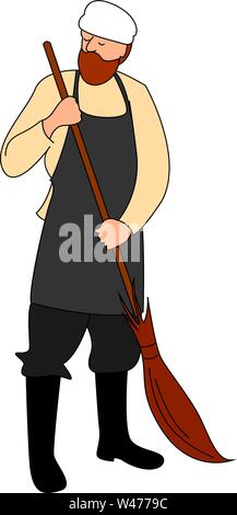 Janitor sweep street. Yardman worker. Cleaner with broom. Hand drawn ...