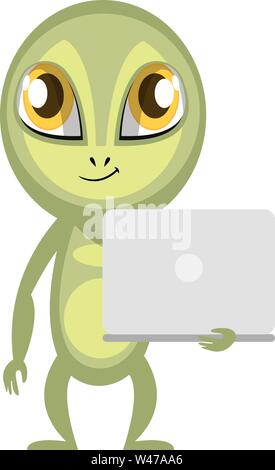 Alien with laptop, illustration, vector on white background Stock ...