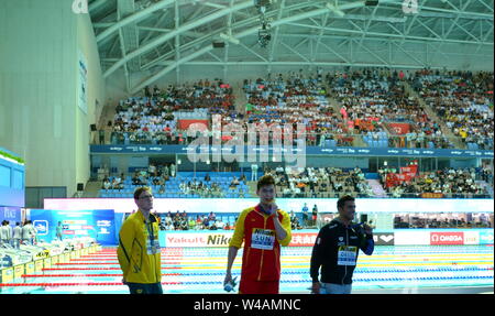 Australian swimmer Mack Horton (centre) is seen during the Men's 200 ...