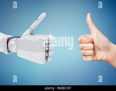 Robot and human hands shows thumbs up gesture. Over blue background. 3D ...