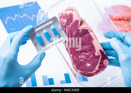 Packaged meat and drugs pills in laboratory scientist hands. Livestock ...
