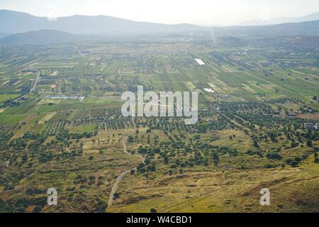 ATHENS, GREECE -2 JUN 2019- Aerial view of fields with traditional ...