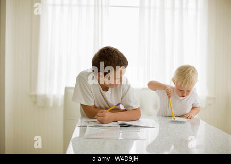 Two boys doing homework at dining table Stock Photo - Alamy