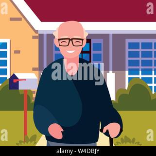 old man standing next house exterior vector illustration Stock Vector ...