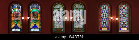 Stained glass window in the Synagogue of the Hadassah hospital showing ...