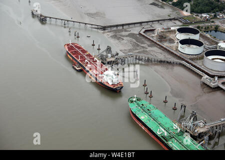 aerial view of boats at the Shell Tranmere Oil Terminal jetty ...