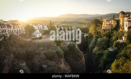 Ronda, Spain. Aerial evening view of New Bridge over Guadalevin River ...
