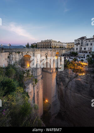 Ronda, Spain. Aerial evening view of New Bridge over Guadalevin River ...