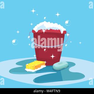 bucket soap sponge bubbles cleaning products and supplies vector ...