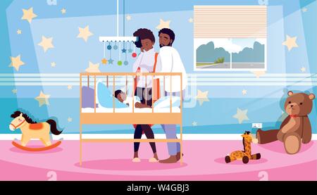 parents observing of baby boy sleeping vector illustration design Stock ...