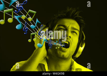 Musical notes coming out of man mouth Stock Photo - Alamy