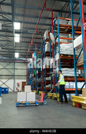 Male staff using pallet jack in warehouse Stock Photo - Alamy