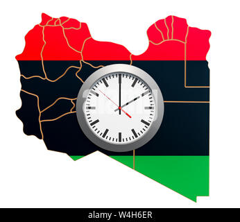 Libyan flag with clock. Time in Libya, 3D rendering isolated on white ...