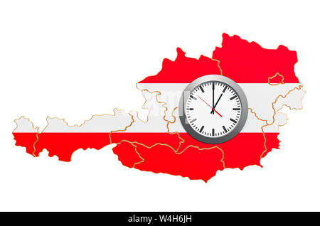 Austrian flag with clock. Time in Austria, 3D rendering isolated on ...