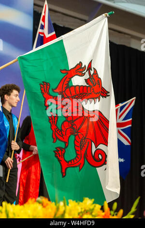 Welsh red dragon flag on umbrella at National Eisteddfod of Wales ...