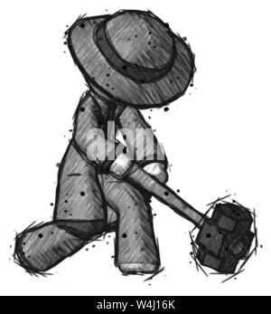 Sketch detective man smashing with sledgehammer, or hitting something ...