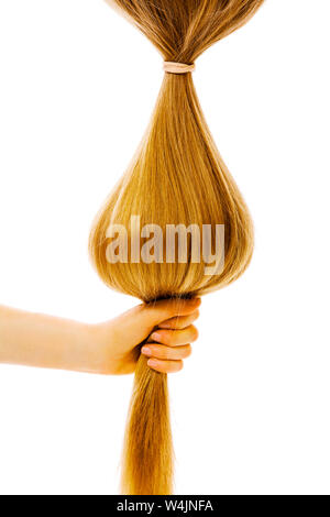 A strand of blond hair on a white background. Close-up Stock Photo - Alamy