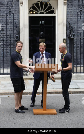 A lectern is placed outside 10 Downing Street, London, ahead of press ...
