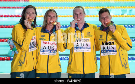 Australia's 4x100M relay team from left in the Olympic Aquatics Stadium ...