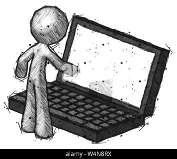 Sketch design mascot man using laptop computer while sitting in chair ...