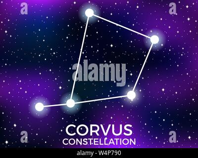 Corvus (The Raven) constellation, vector illustration with the names of ...