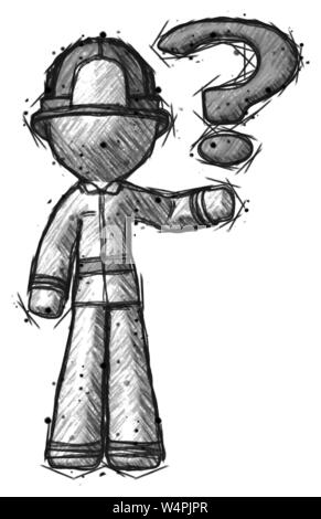 Sketch firefighter fireman man with question mark above head, confused ...