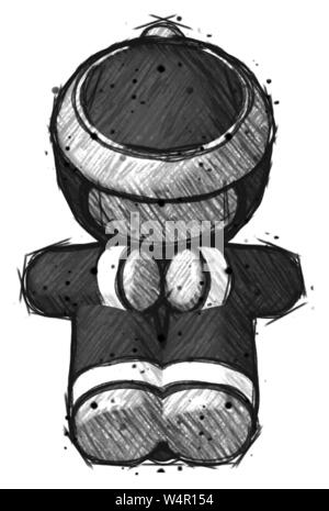 Sketch ninja warrior man sitting with head down back view facing right ...
