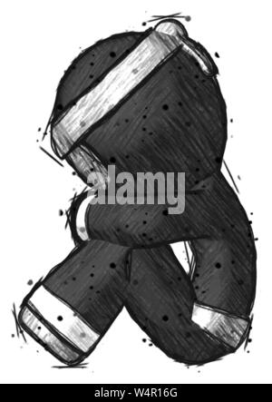 Sketch ninja warrior man sitting with head down back view facing right ...