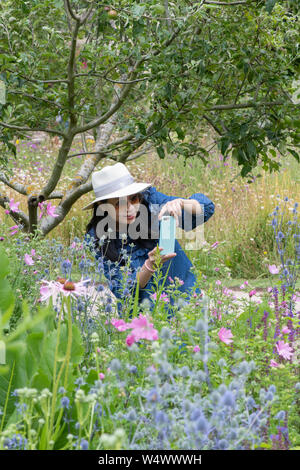 Asian woman with a hat and camera using a mobile phone isolated over ...