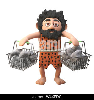 Stone age caveman character in 3d holding an abacus, 3d illustration ...