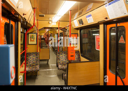 Old tram interior wooden seats Stock Photo - Alamy