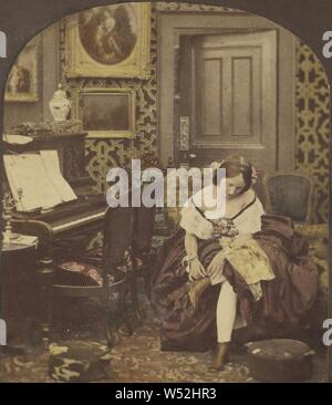 Innocence: woman seated in parlor fixing her shoe, about 1860 Stock ...