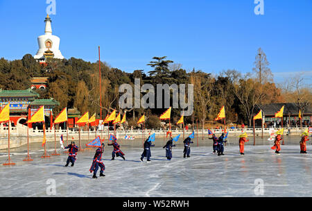 Entertainers dressed in helmets and armor in the style of Manchu ...