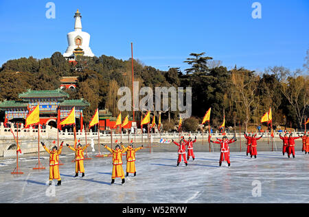 Entertainers dressed in helmets and armor in the style of Manchu ...